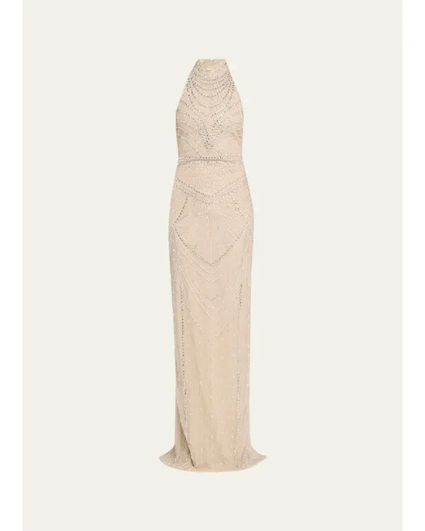 Pamella Roland Embroidered Tulle Halter Gown - Silver