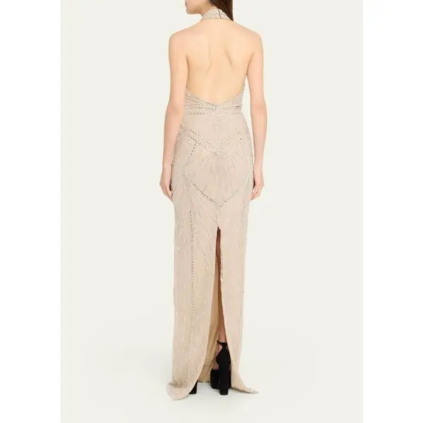 Pamella Roland Embroidered Tulle Halter Gown