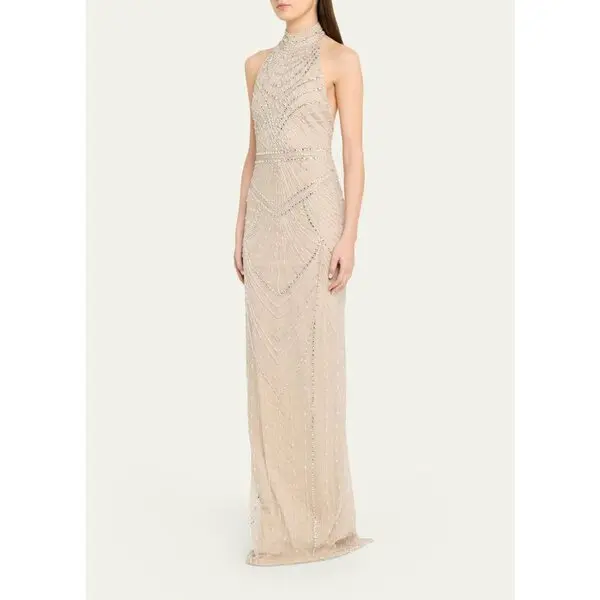 Pamella Roland Embroidered Tulle Halter Gown