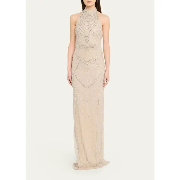 Pamella Roland Embroidered Tulle Halter Gown