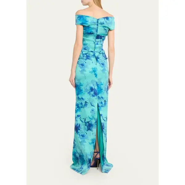 Rickie Freeman For Teri Jon Off-shoulder Floral Gazar Column Gown