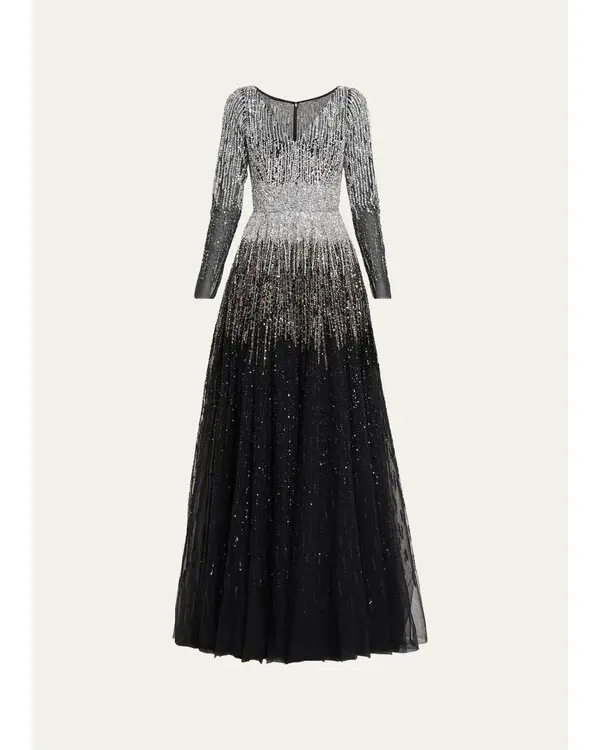 Pamella Roland Ombre Embroidered Tulle Long-sleeve Gown