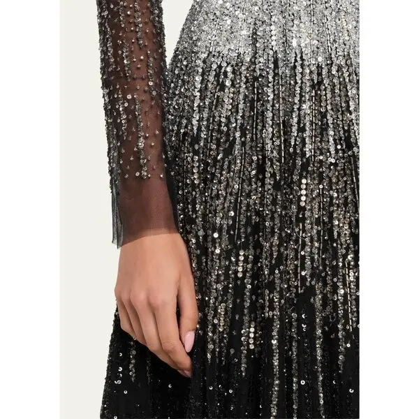 Pamella Roland Ombre Embroidered Tulle Long-sleeve Gown
