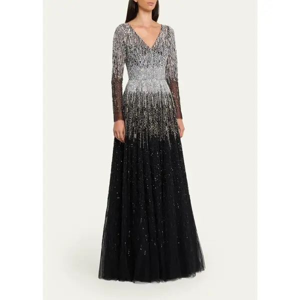 Pamella Roland Ombre Embroidered Tulle Long-sleeve Gown