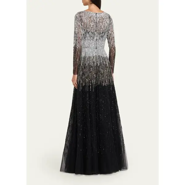 Pamella Roland Ombre Embroidered Tulle Long-sleeve Gown
