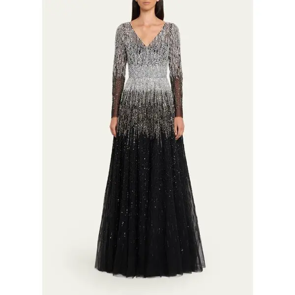 Pamella Roland Ombre Embroidered Tulle Long-sleeve Gown