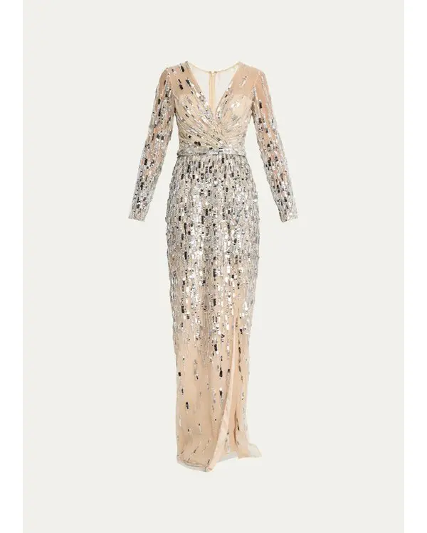 Pamella Roland Sequined Long-sleeve Surplice Tulle Gown