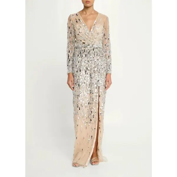 Pamella Roland Sequined Long-sleeve Surplice Tulle Gown