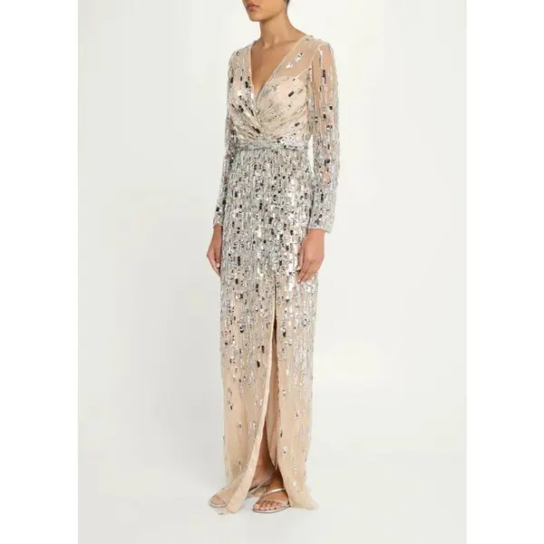 Pamella Roland Sequined Long-sleeve Surplice Tulle Gown