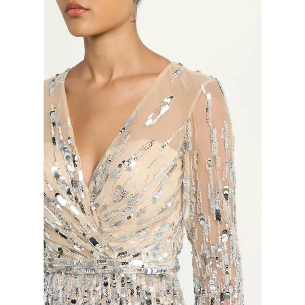Pamella Roland Sequined Long-sleeve Surplice Tulle Gown