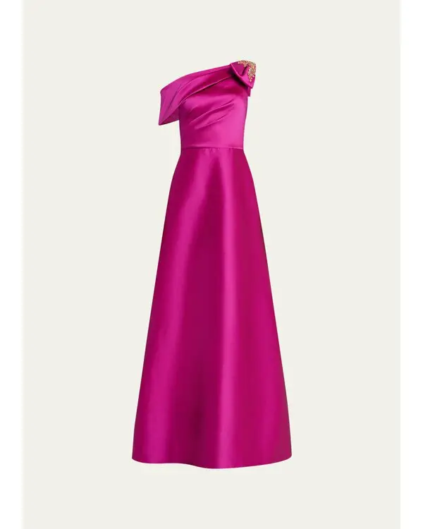 Rickie Freeman For Teri Jon Draped One-shoulder Bow Gown - Fuchsia