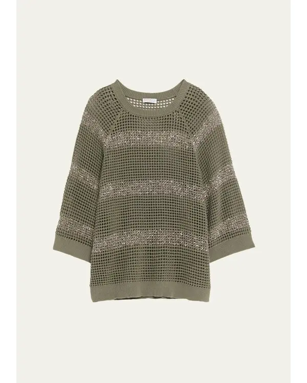 Brunello Cucinelli Water Reflection Pailette Striped Open Knit Sweater