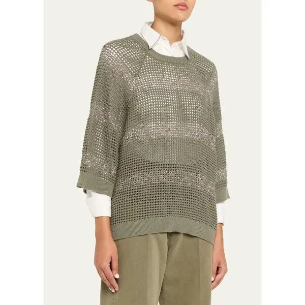 Brunello Cucinelli Water Reflection Pailette Striped Open Knit Sweater