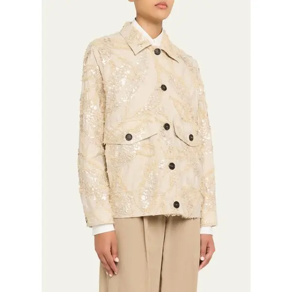 Brunello Cucinelli Embroidered Techno Cotton Poplin Deconstructed Shacket