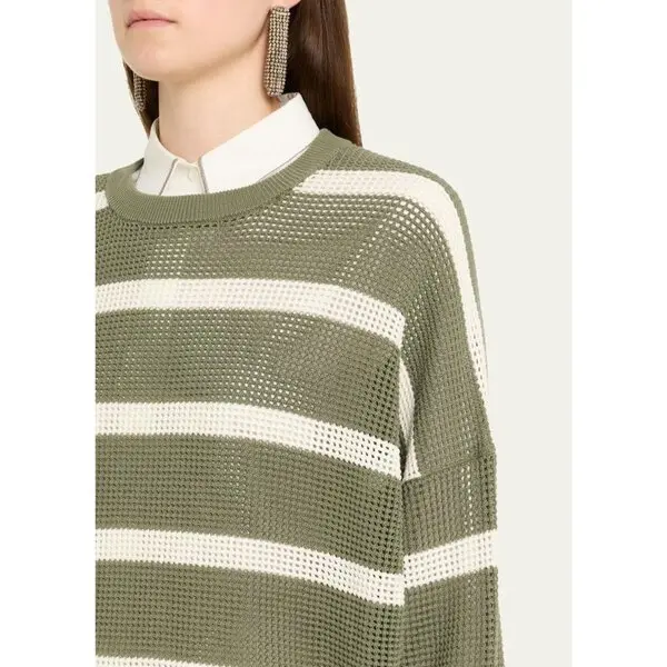 Brunello Cucinelli Striped Micronet Knit Crewneck Sweater