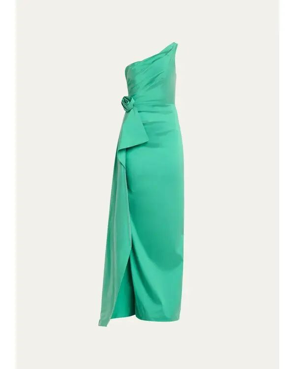 Rickie Freeman For Teri Jon Draped One-shoulder Taffeta Column Gown - Lime