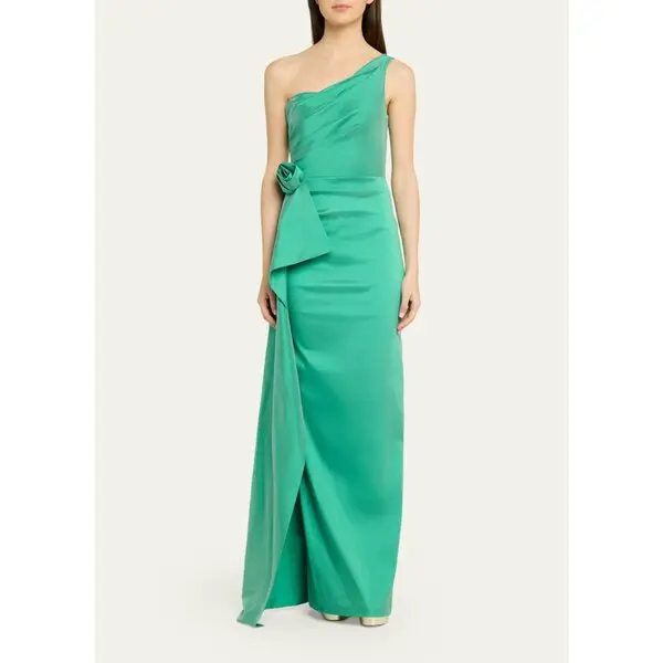 Rickie Freeman For Teri Jon Draped One-shoulder Taffeta Column Gown