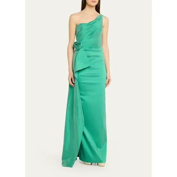 Rickie Freeman For Teri Jon Draped One-shoulder Taffeta Column Gown