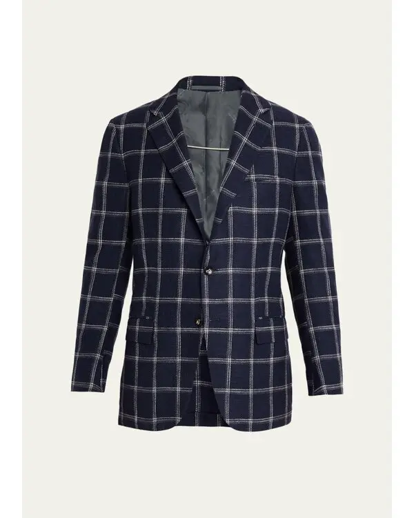Kiton Windowpane Silk, Cotton And Cashmere Sport Coat