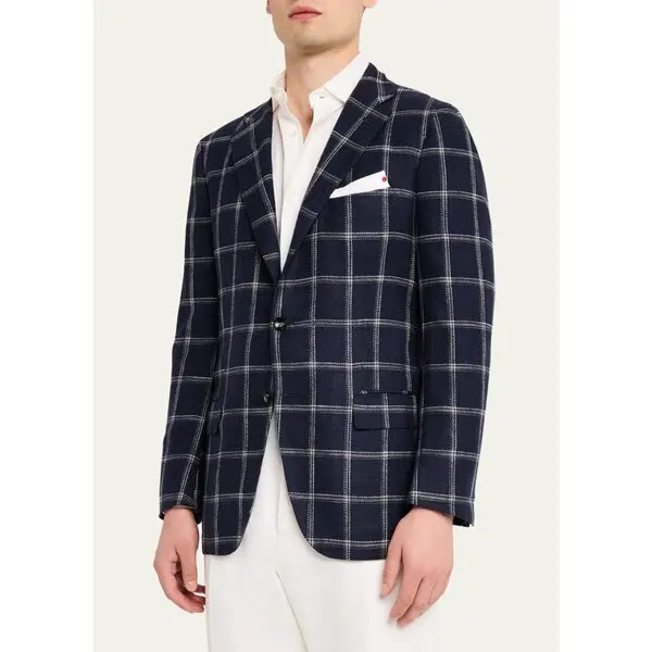 Kiton Windowpane Silk, Cotton And Cashmere Sport Coat