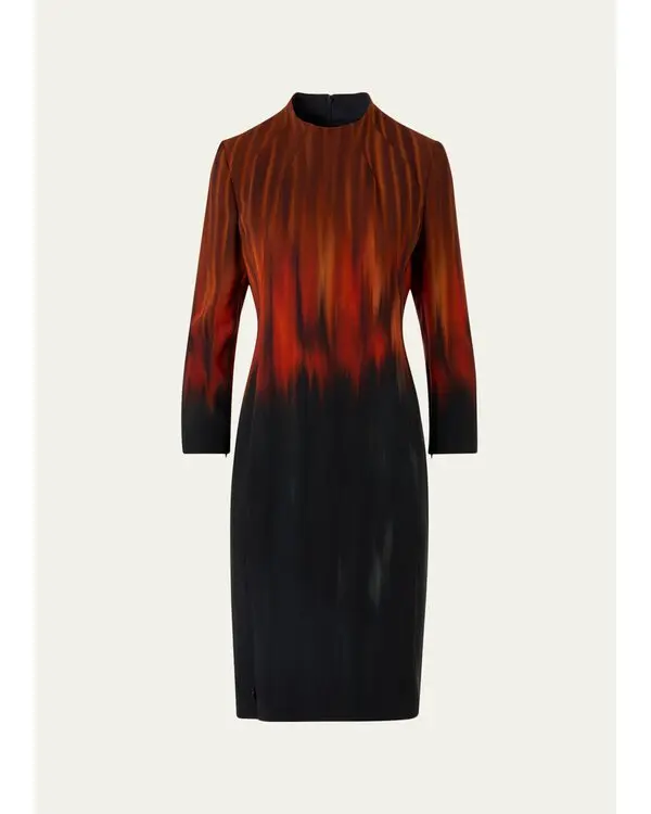 Akris Fuego-print Long-sleeve Wool Double-face Slit Dress