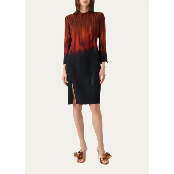 Akris Fuego-print Long-sleeve Wool Double-face Slit Dress