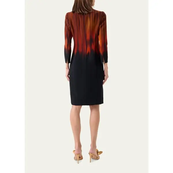 Akris Fuego-print Long-sleeve Wool Double-face Slit Dress