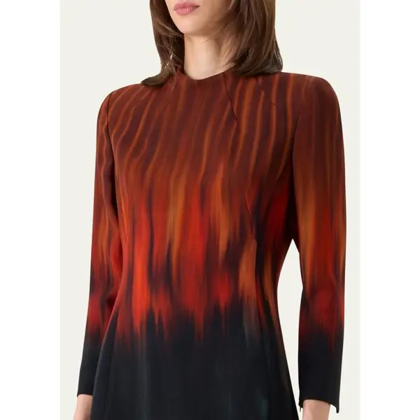 Akris Fuego-print Long-sleeve Wool Double-face Slit Dress