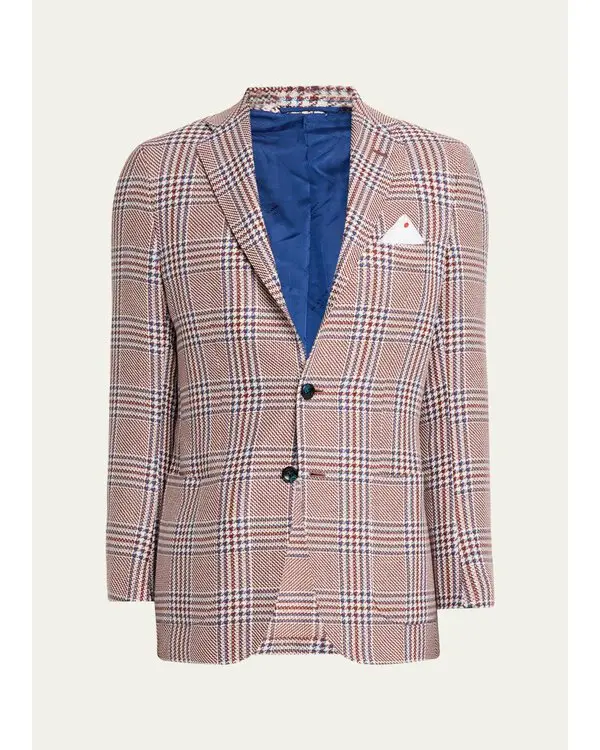Kiton Cashmere And Linen Houndstooth Plaid Sport Coat