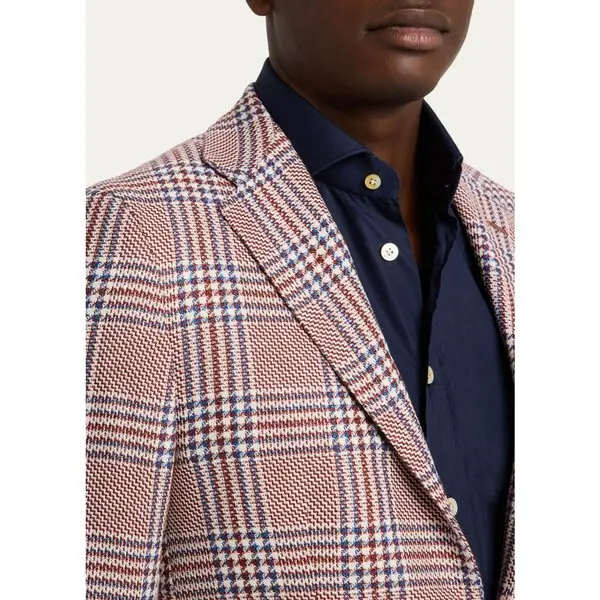 Kiton Cashmere And Linen Houndstooth Plaid Sport Coat