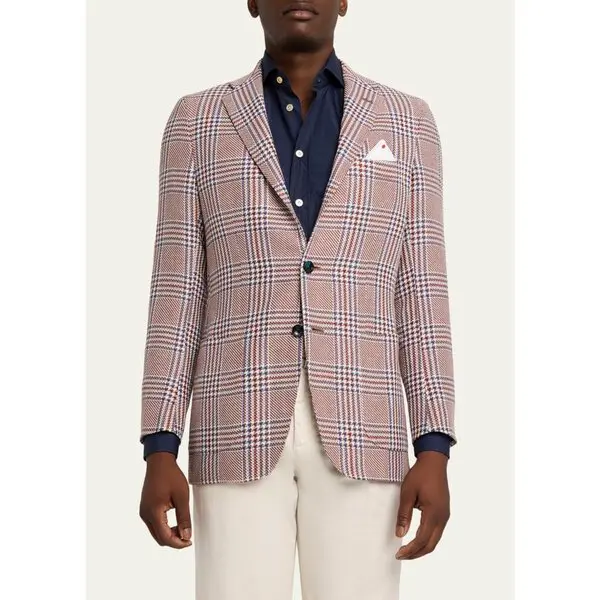 Kiton Cashmere And Linen Houndstooth Plaid Sport Coat