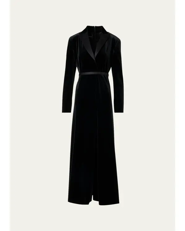 Akris Satin-lapel Belted Velvet Midi Tuxedo Dress