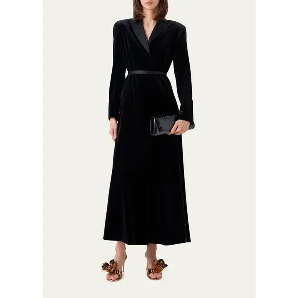 Akris Satin-lapel Belted Velvet Midi Tuxedo Dress