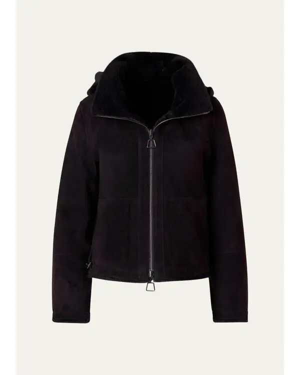 Akris Dino Reversible Lamb Shearling Zip Jacket With Detachable Hood