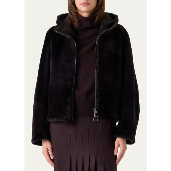 Akris Dino Reversible Lamb Shearling Zip Jacket With Detachable Hood