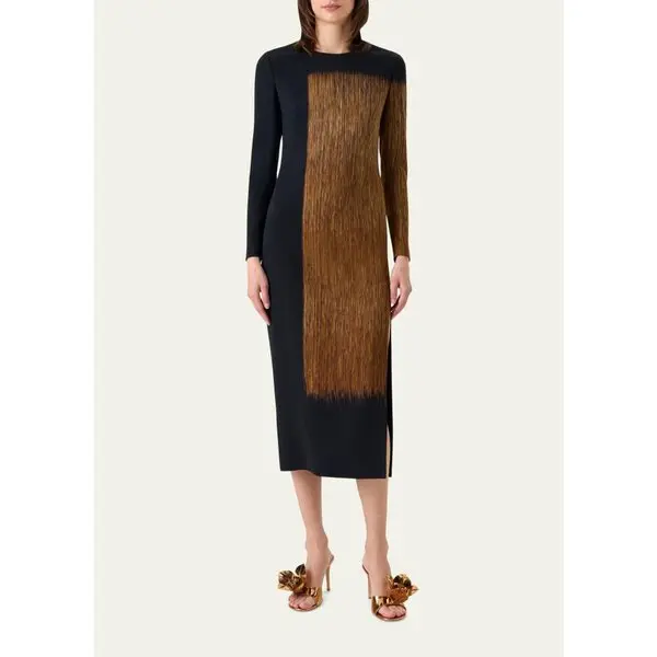 Akris Oro Lienzo Print Wool Crepe Long-sleeve Midi Dress