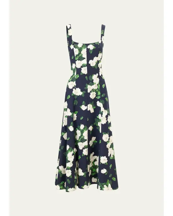 Carolina Herrera Sleeveless Square-neck Rose-print Paneled Midi Dress - Midnight Multi