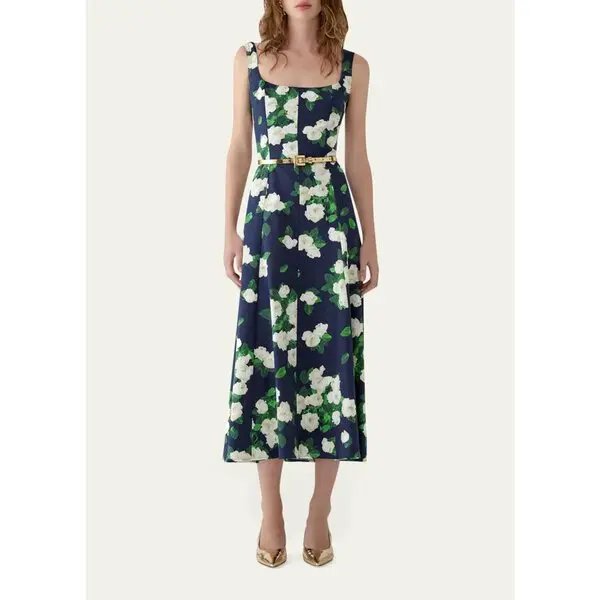 Carolina Herrera Sleeveless Square-neck Rose-print Paneled Midi Dress - Midnight Multi