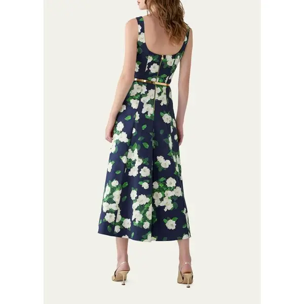 Carolina Herrera Sleeveless Square-neck Rose-print Paneled Midi Dress - Midnight Multi
