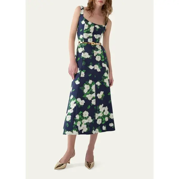 Carolina Herrera Sleeveless Square-neck Rose-print Paneled Midi Dress - Midnight Multi