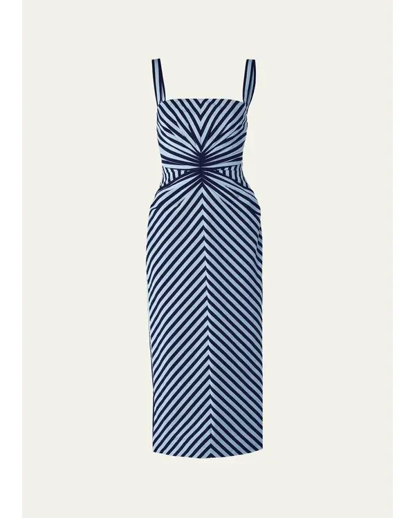 Carolina Herrera Sleeveless Striped Gathered-waist Midi Dress - Cloudy Blue Multi