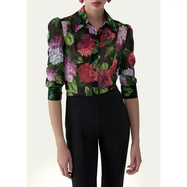 Carolina Herrera Semi-sheer Floral Buttoned Blouse