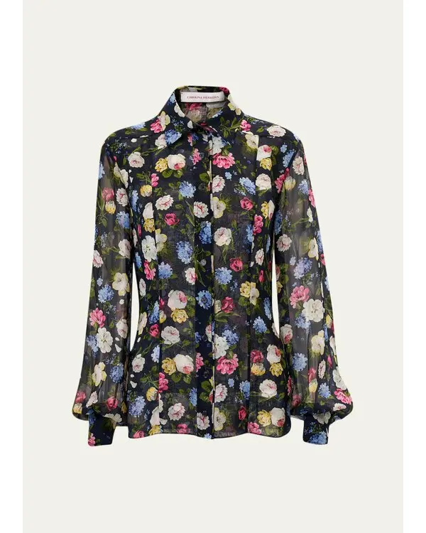 Carolina Herrera Isabella Rose-print Silk Chiffon Button-down Shirt - Midnight Multi