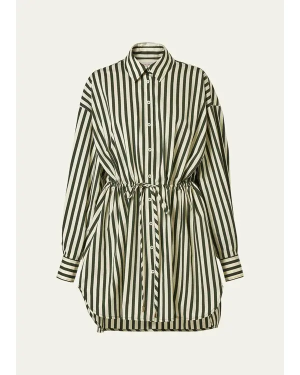 Carolina Herrera Striped Long-sleeve Drawstring Mini Shirtdress - Cloudy Blue Multi
