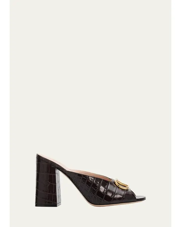 Valentino Garavani 95mm Vlogo Croc-embossed Leather Mules - Brown