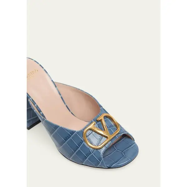 Valentino Garavani 95mm Vlogo Croc-embossed Leather Mules - Brown