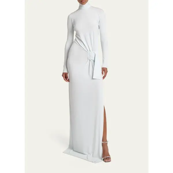 COURREGES Turtleneck Belted Crepe Jersey Maxi Dress