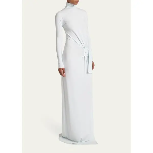 COURREGES Turtleneck Belted Crepe Jersey Maxi Dress
