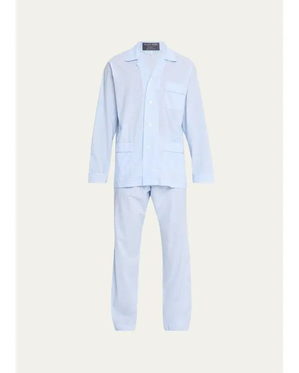 Bergdorf Goodman Cotton And Linen Micro-check Long Pajama Set