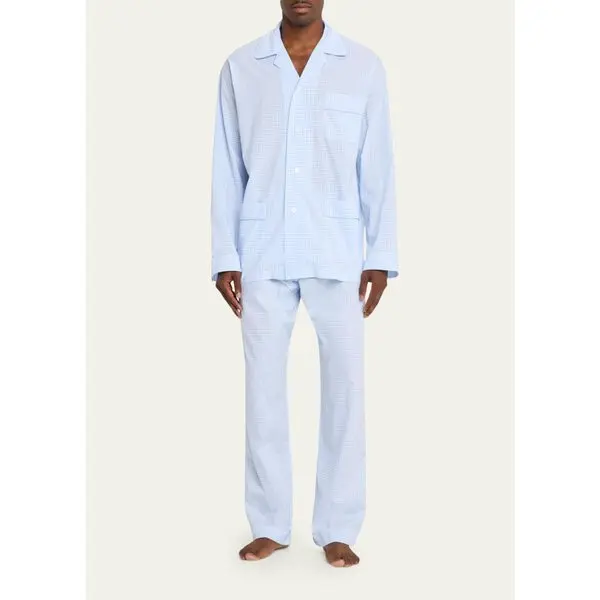 Bergdorf Goodman Cotton And Linen Micro-check Long Pajama Set